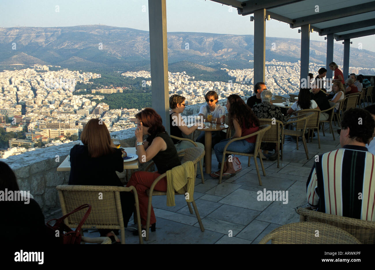 Athens terrace on the Lykavittos hill with an overview of the city ...