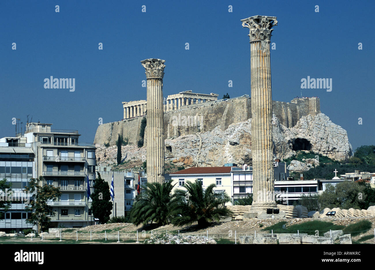 Athens the remains of the Zeus Temple Olympion in front of the ...