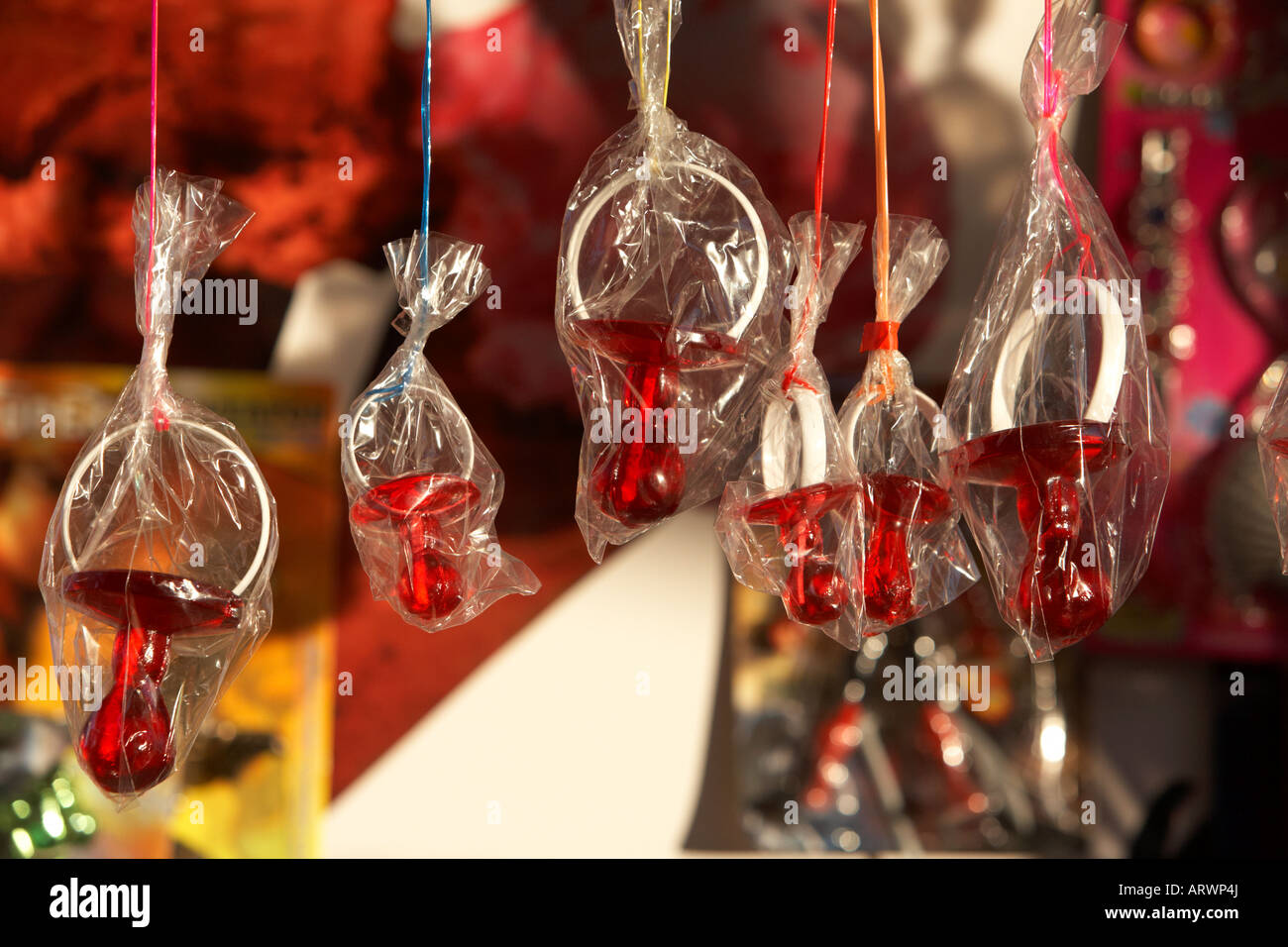 candy sweets dummys hanging from a stall at a fairground during ...