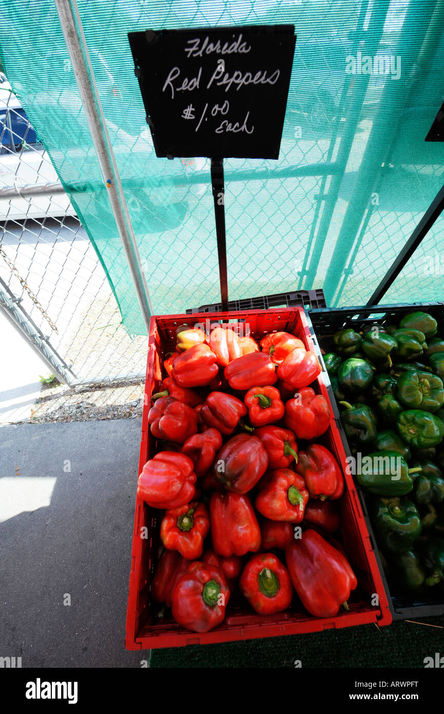 Red bell peppers Vegetable and fruit stand at farmers market Bonita ...