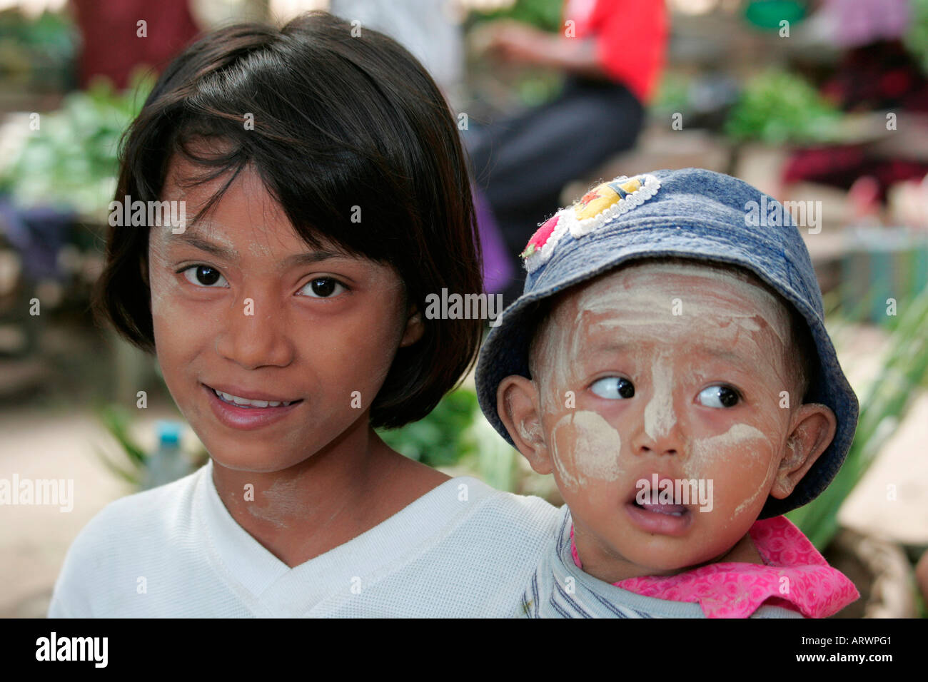 Burmese children wearing thanakha, Bagan, Burma, (Myanmar Stock Photo ...