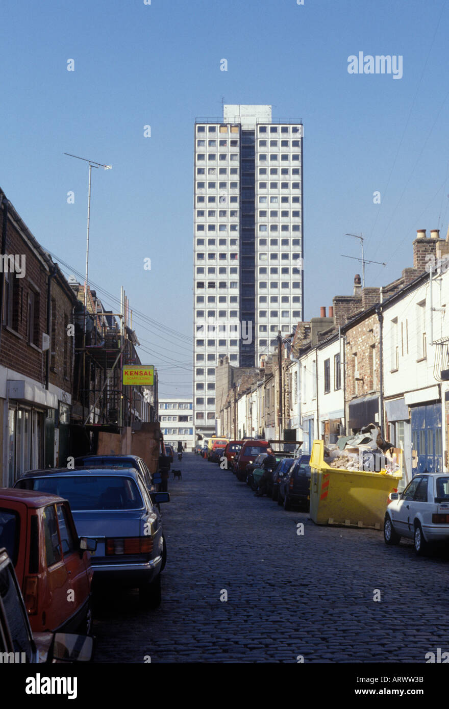 North Kensington London UK. Streetscape, early 1990s. Empty tower block ...