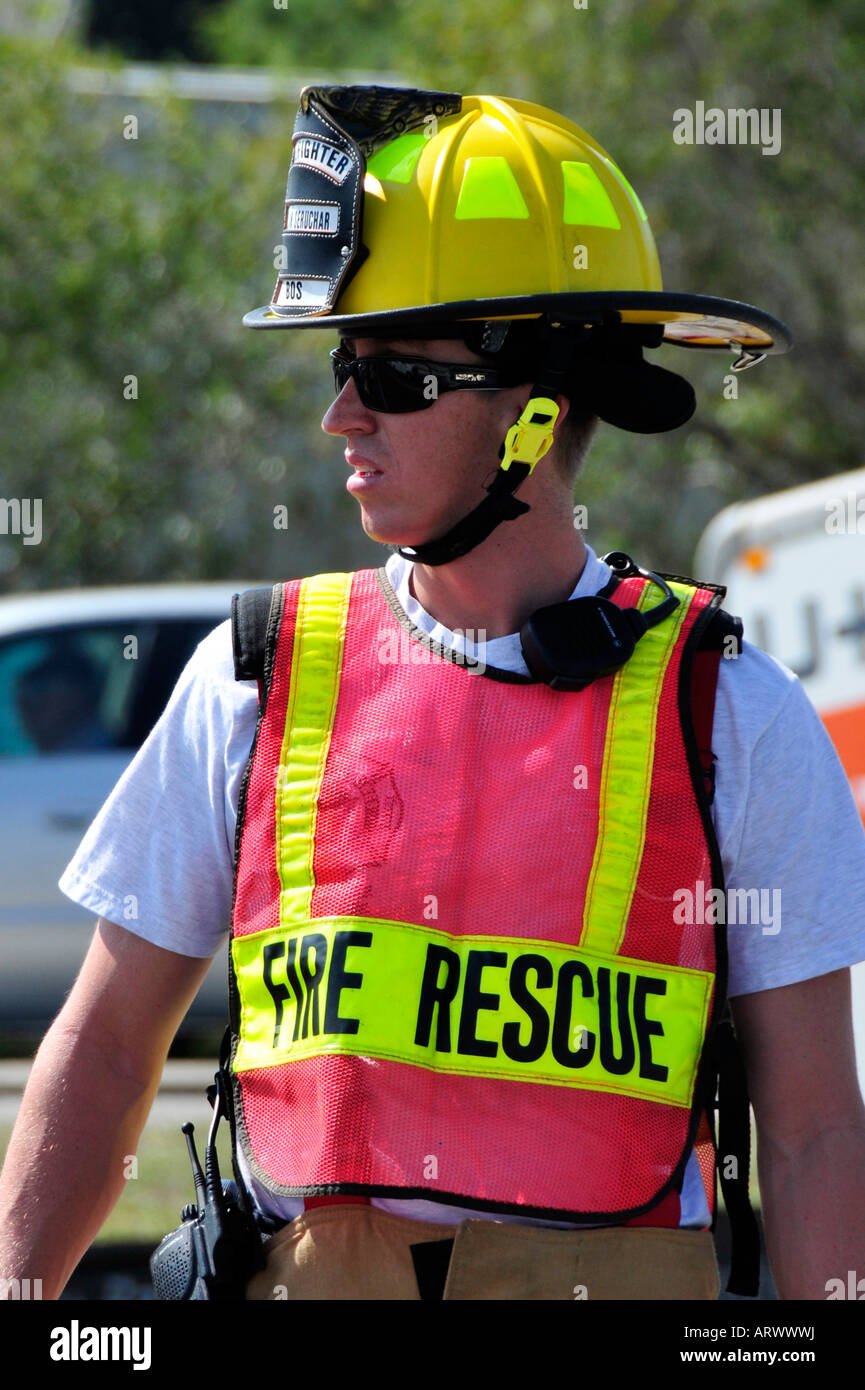 Fireman on the scene of an accident Stock Photo - Alamy