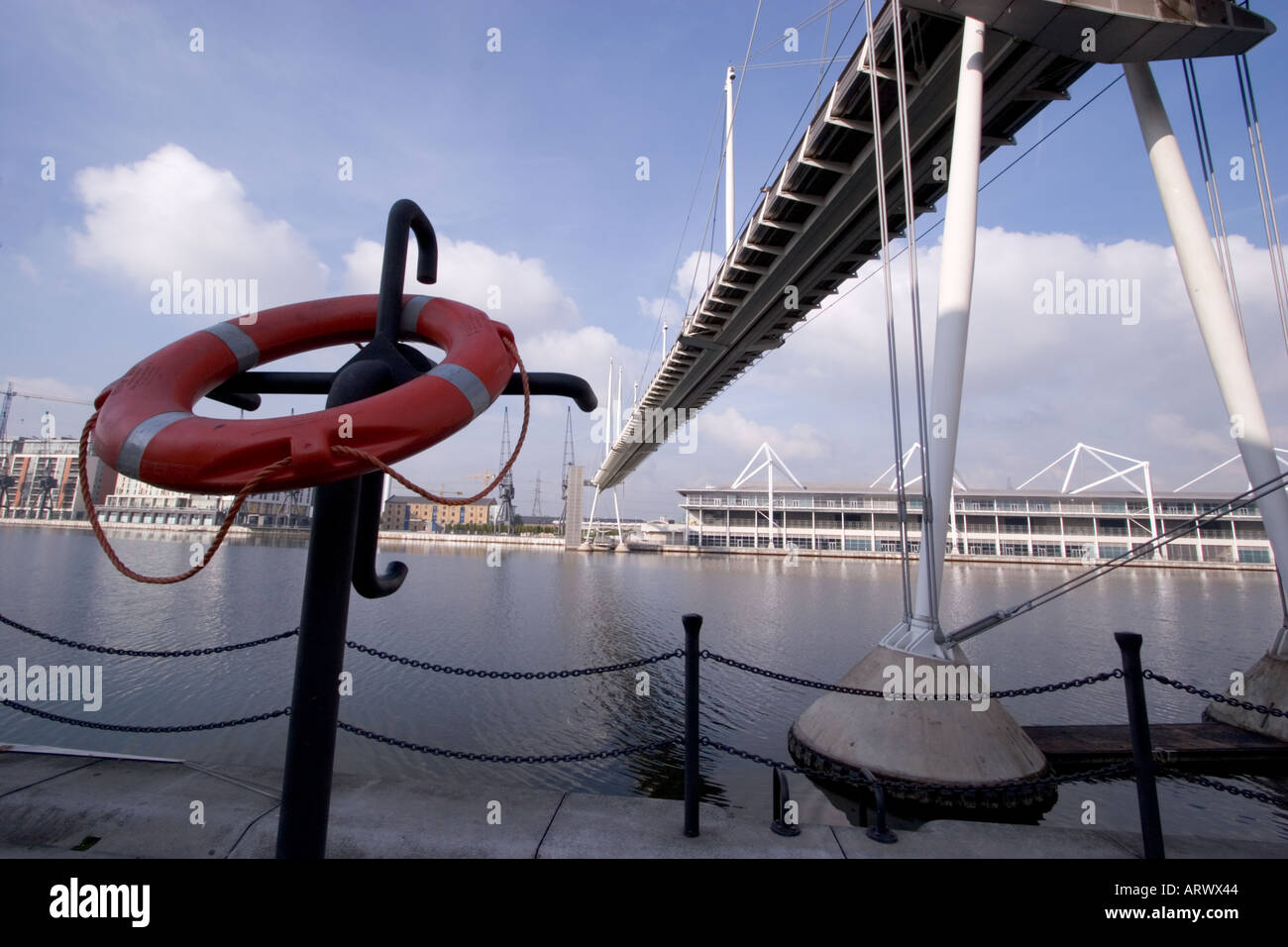 Royal Victoria dock footbridge with life preserver life jacket ring in ...
