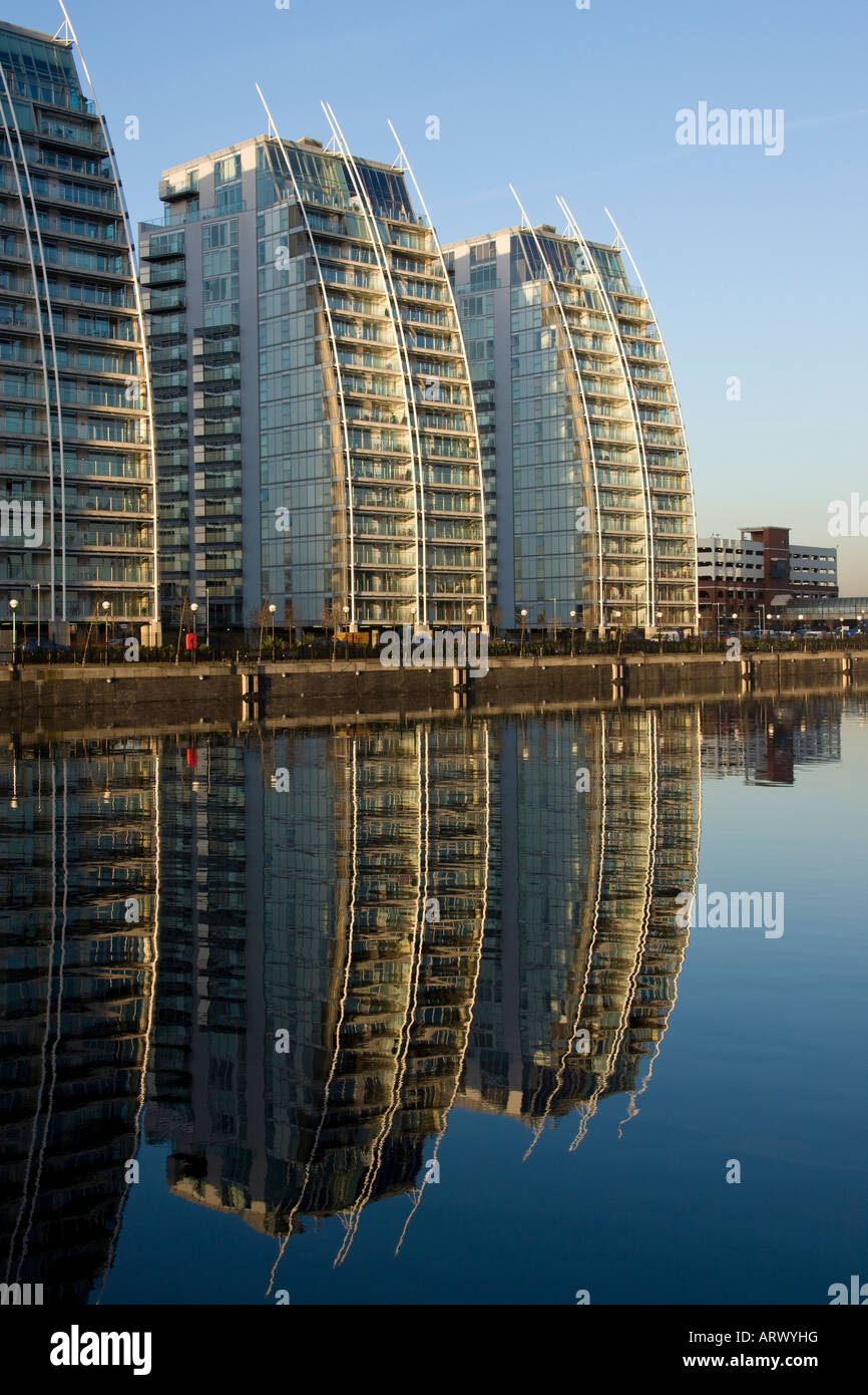 Modern waterside apartments at Salford Quays in Manchester in England ...