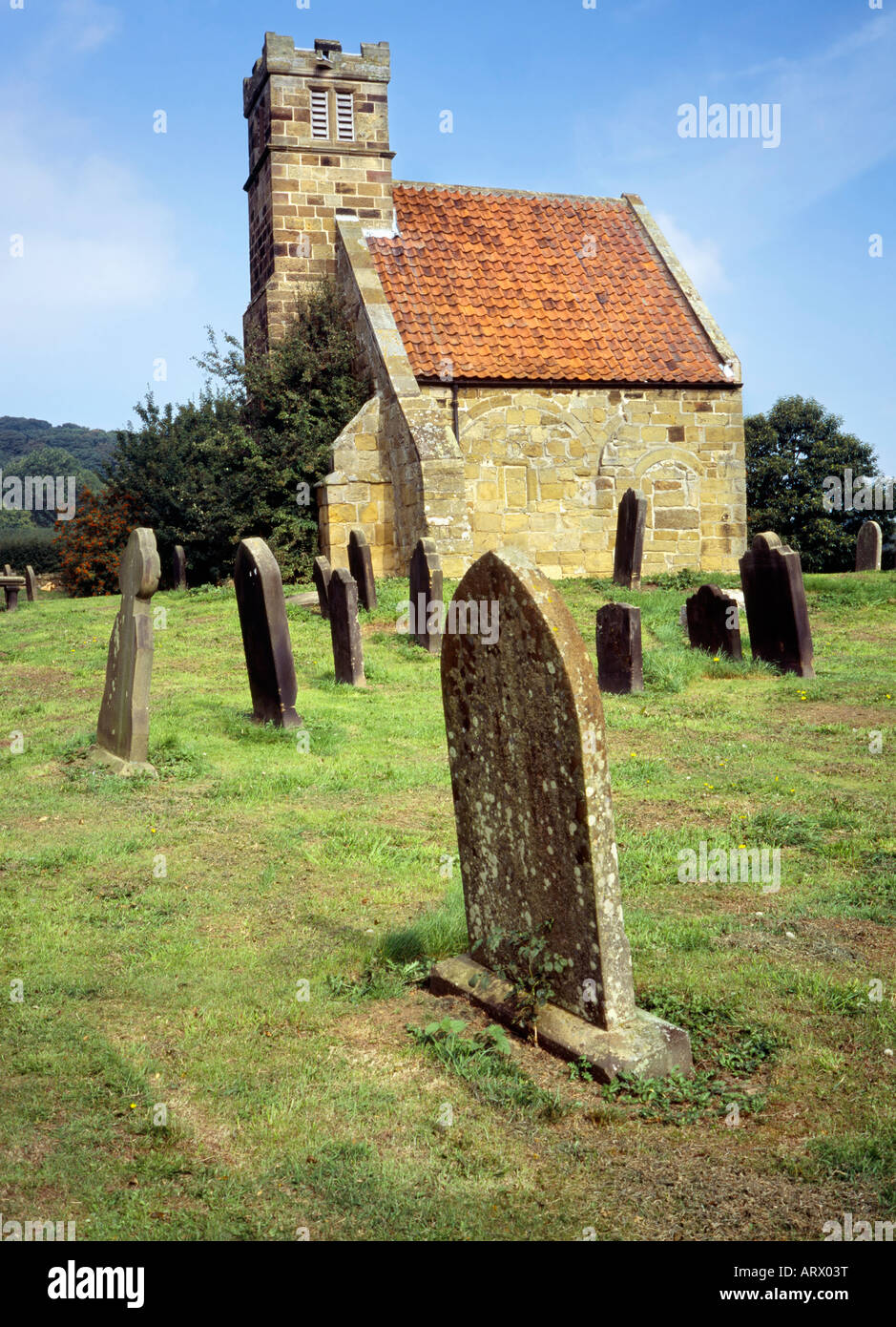 Grave stones in front of Upleatham Church, near Saltburn in North ...