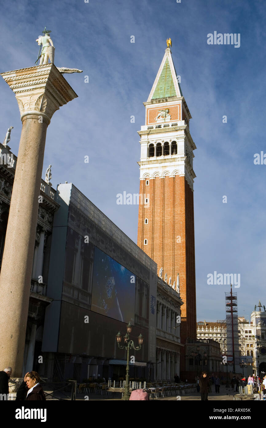 Statue of St Theodore and the San Marco bell tower Campanile Venice ...