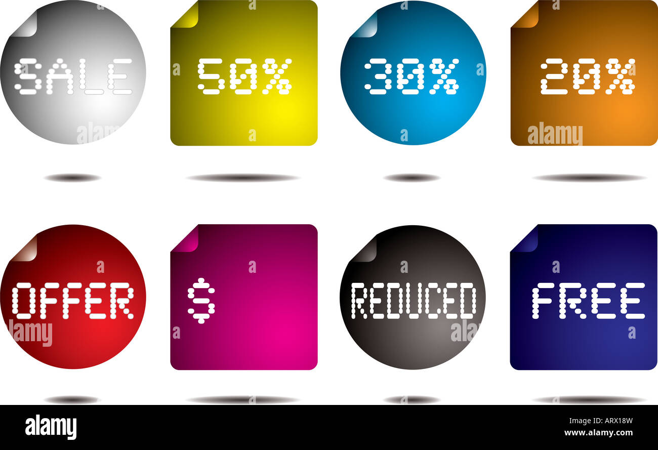 Collection of eight buttons in different colours with text Stock Photo ...