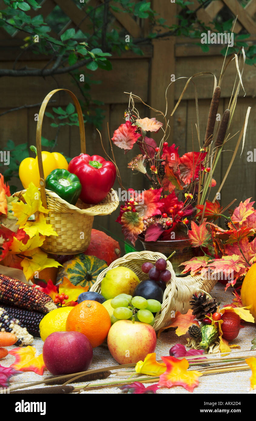 Fall display of fruit gourds and horn of plenty Stock Photo - Alamy