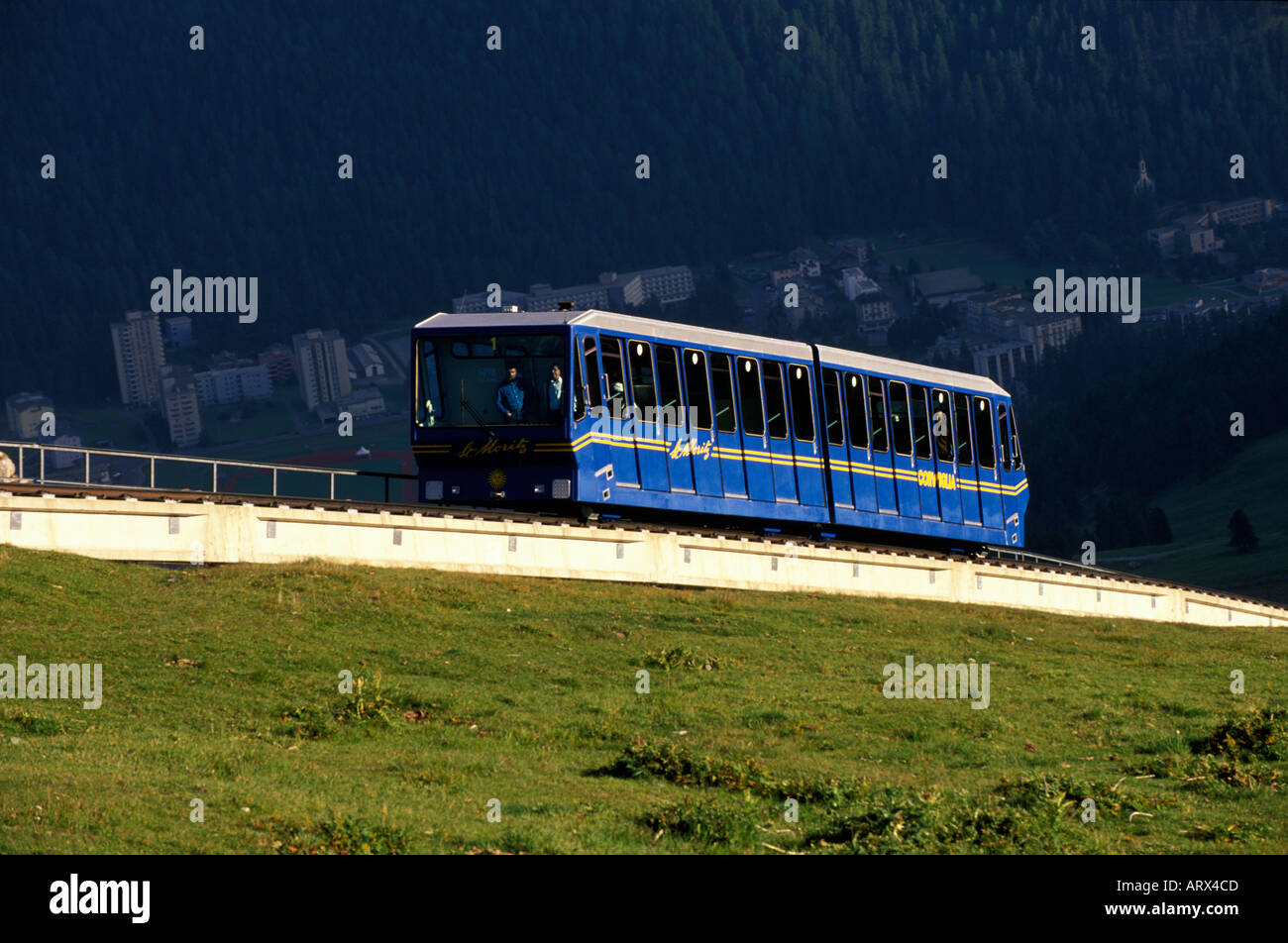Blue Cable Car Heading Toward Mountain Peaks near St Moritz ...