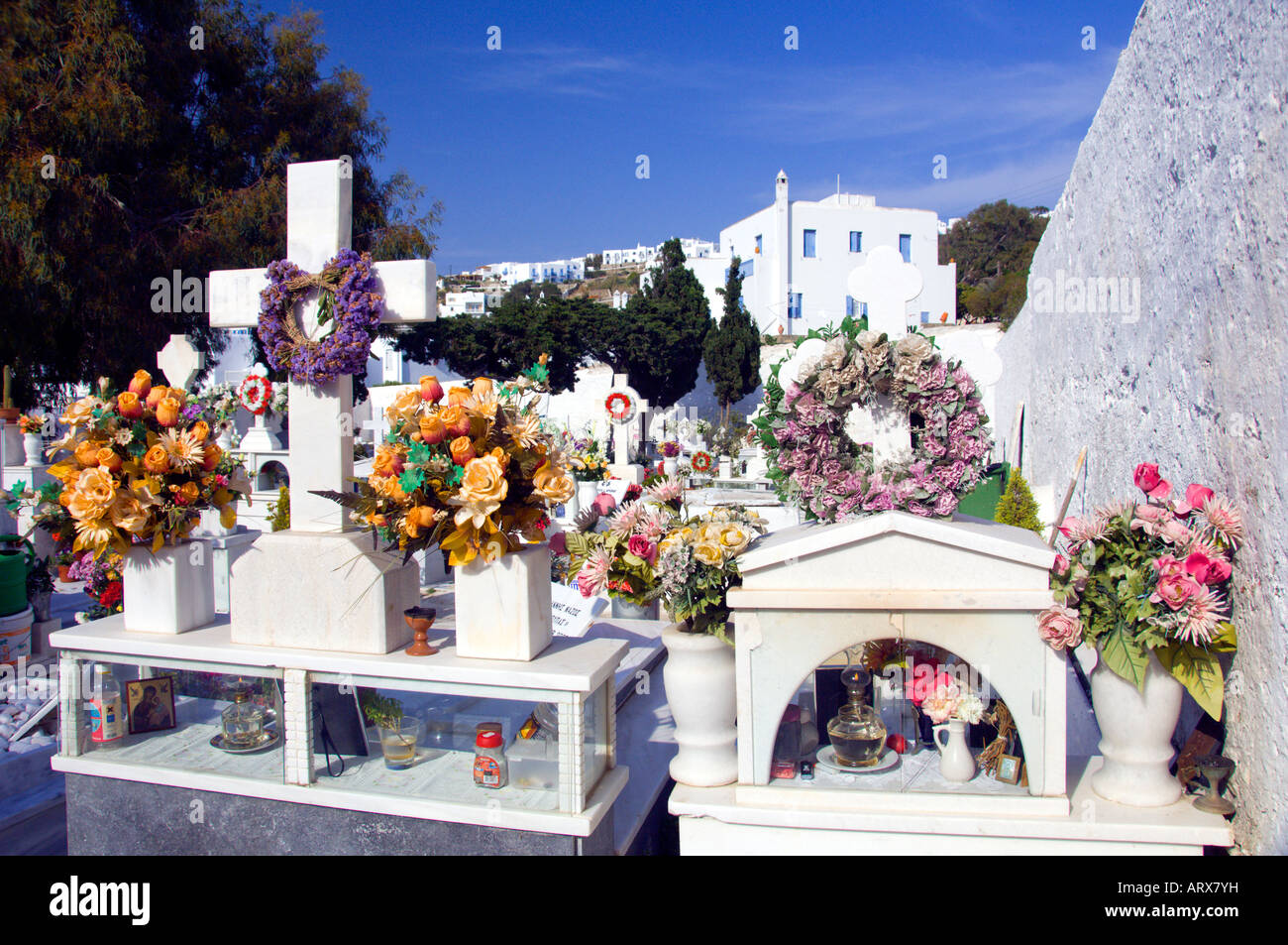 A Greek Orthodox cemetery in central Hora on the Greek Island of ...
