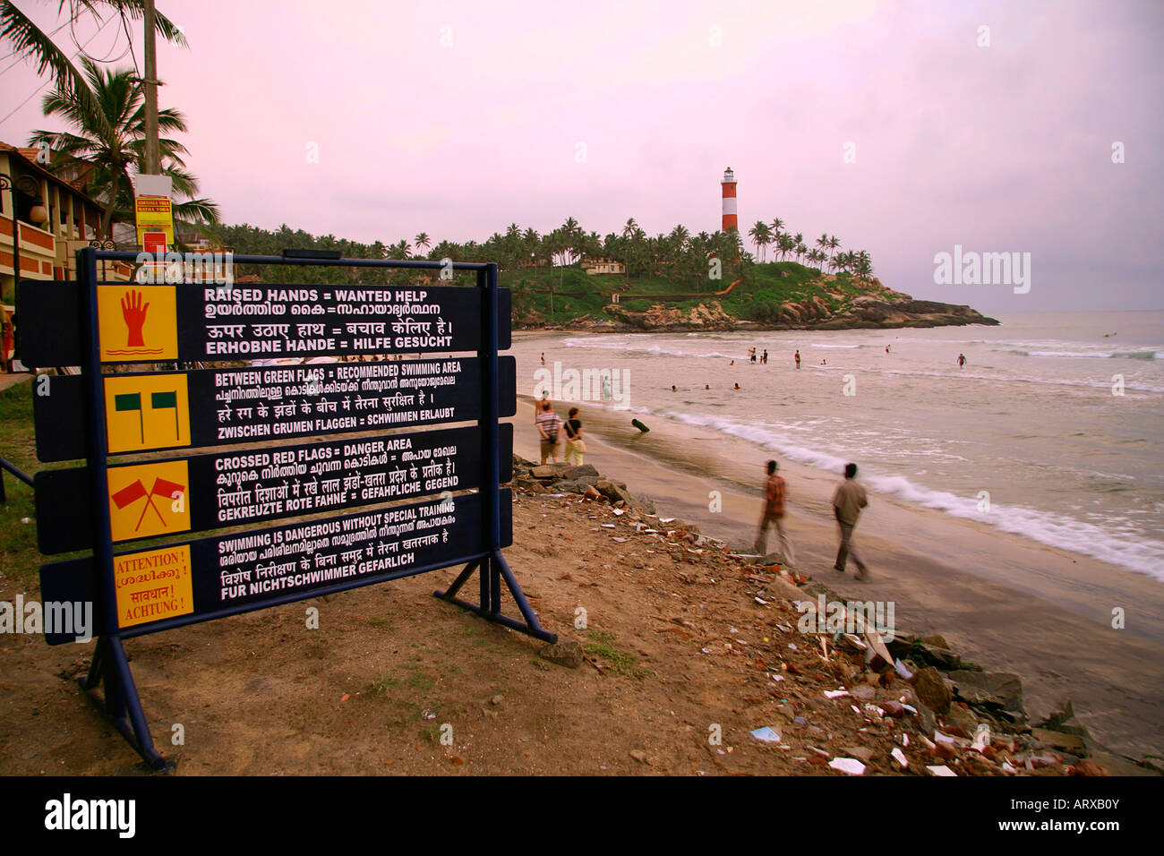 cautionary signs at beach south india Stock Photo - Alamy