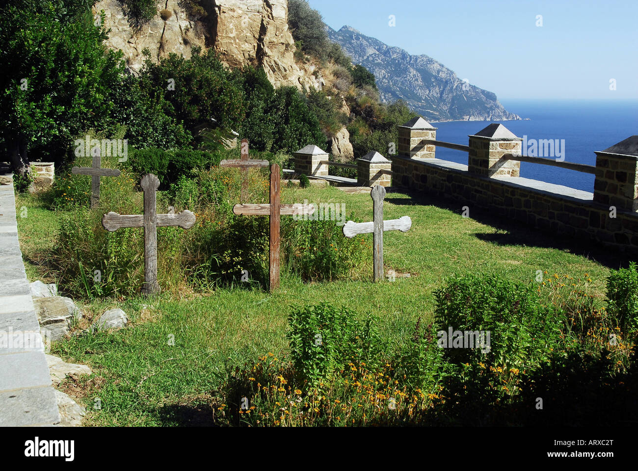 The cemetery Simonos Petra or Simonopetra monastery, Mount Athos ...