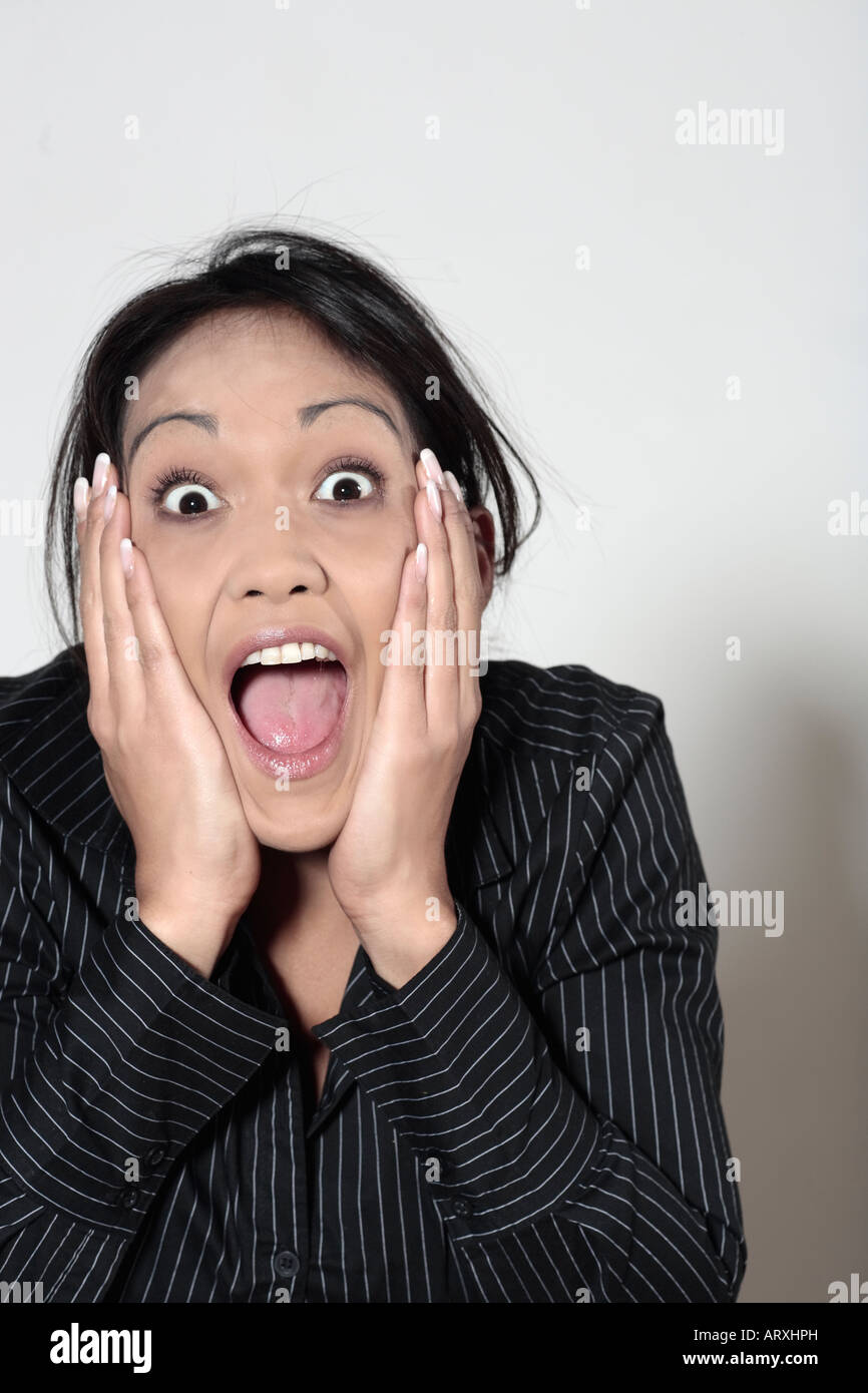 studio shot portrait cute funny young expressive women asian happy ...