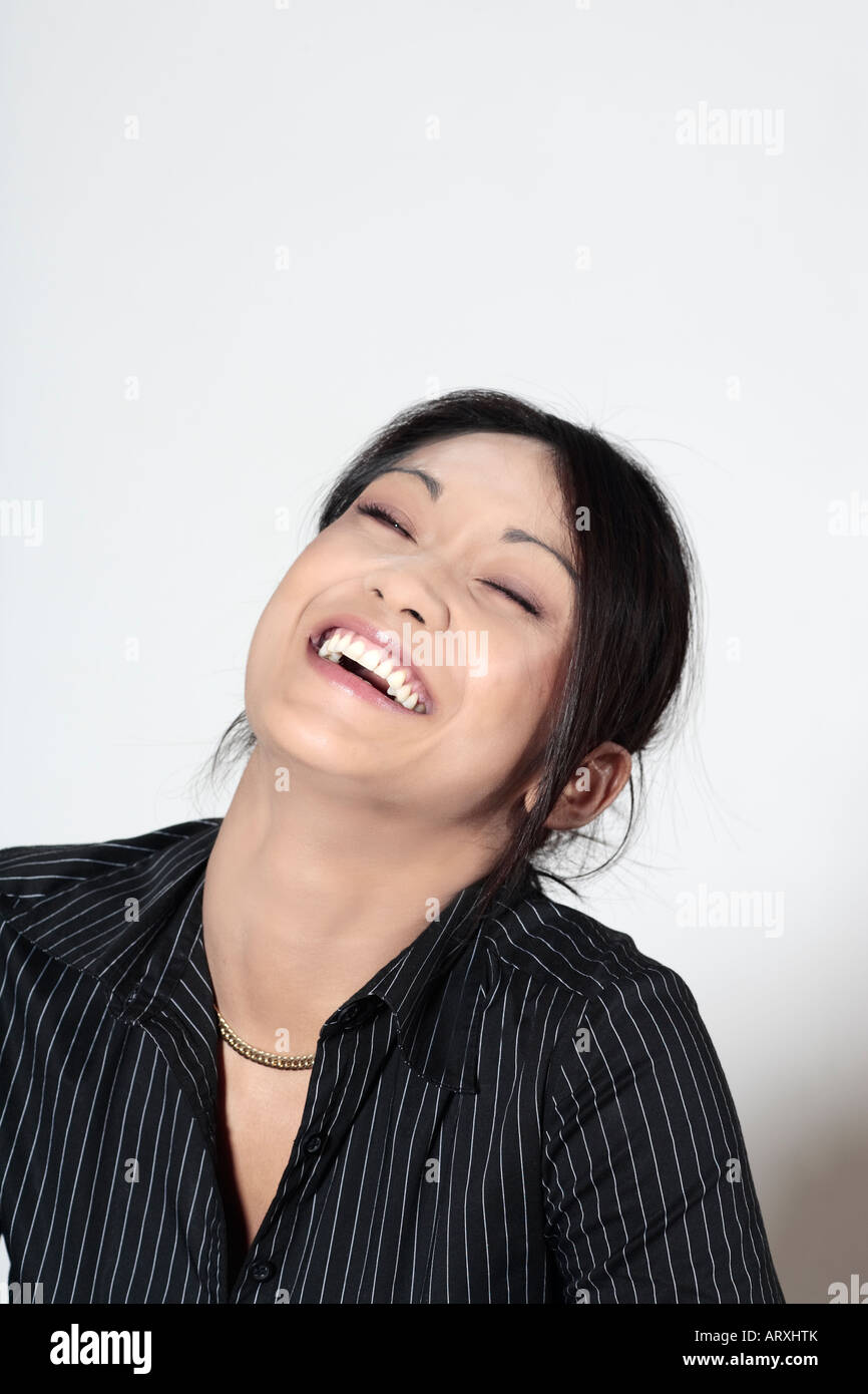 studio shot portrait cute funny young expressive women asian happy ...