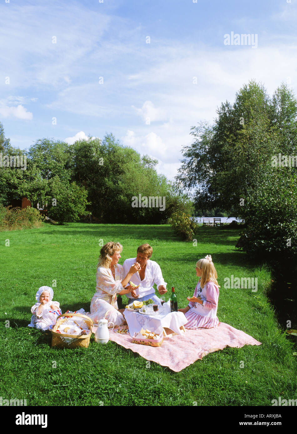 Family of four having summer picnic on grass field in Swedish ...