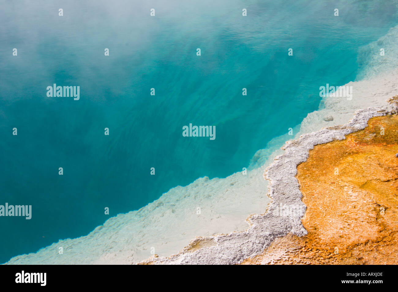 Crystal clear pool hot spring with orange cyanobacteria colonies along ...