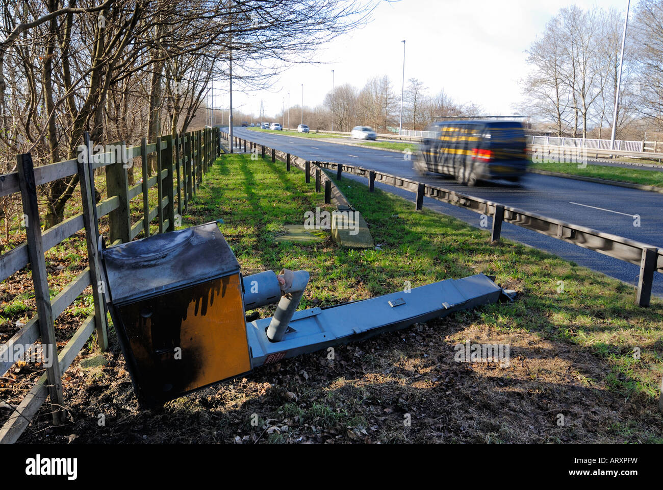 Vandalised Gatso speed camera lying on the grass Stock Photo - Alamy