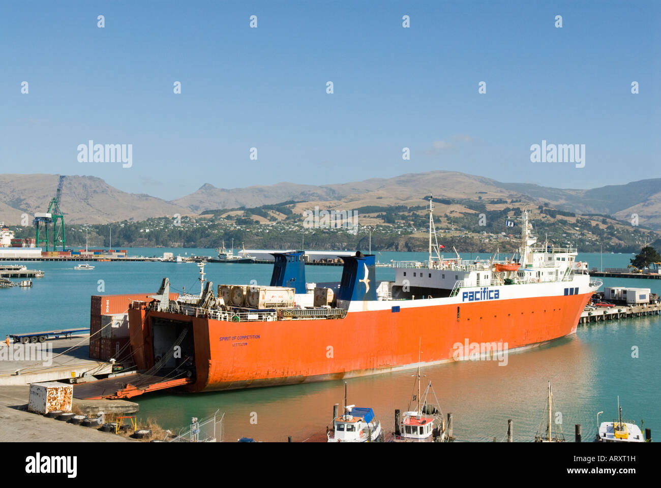 Cargo ship Spirit of Competition is loaded at the Port of Lyttelton ...