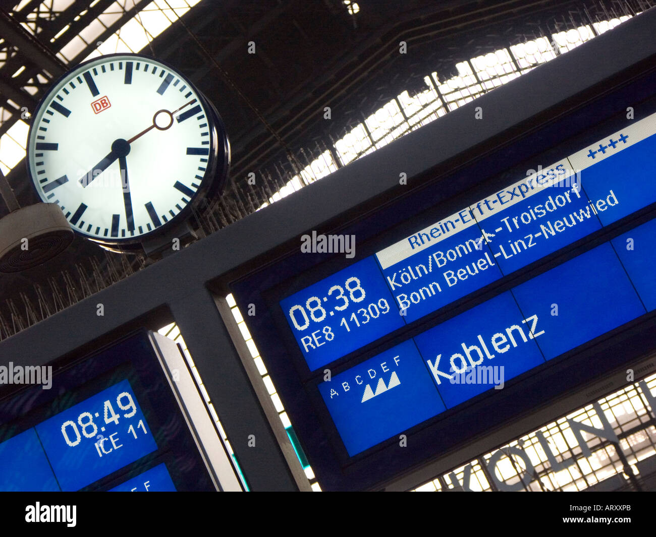 Cologne Germany the main station with clock and timetable signs trains ...