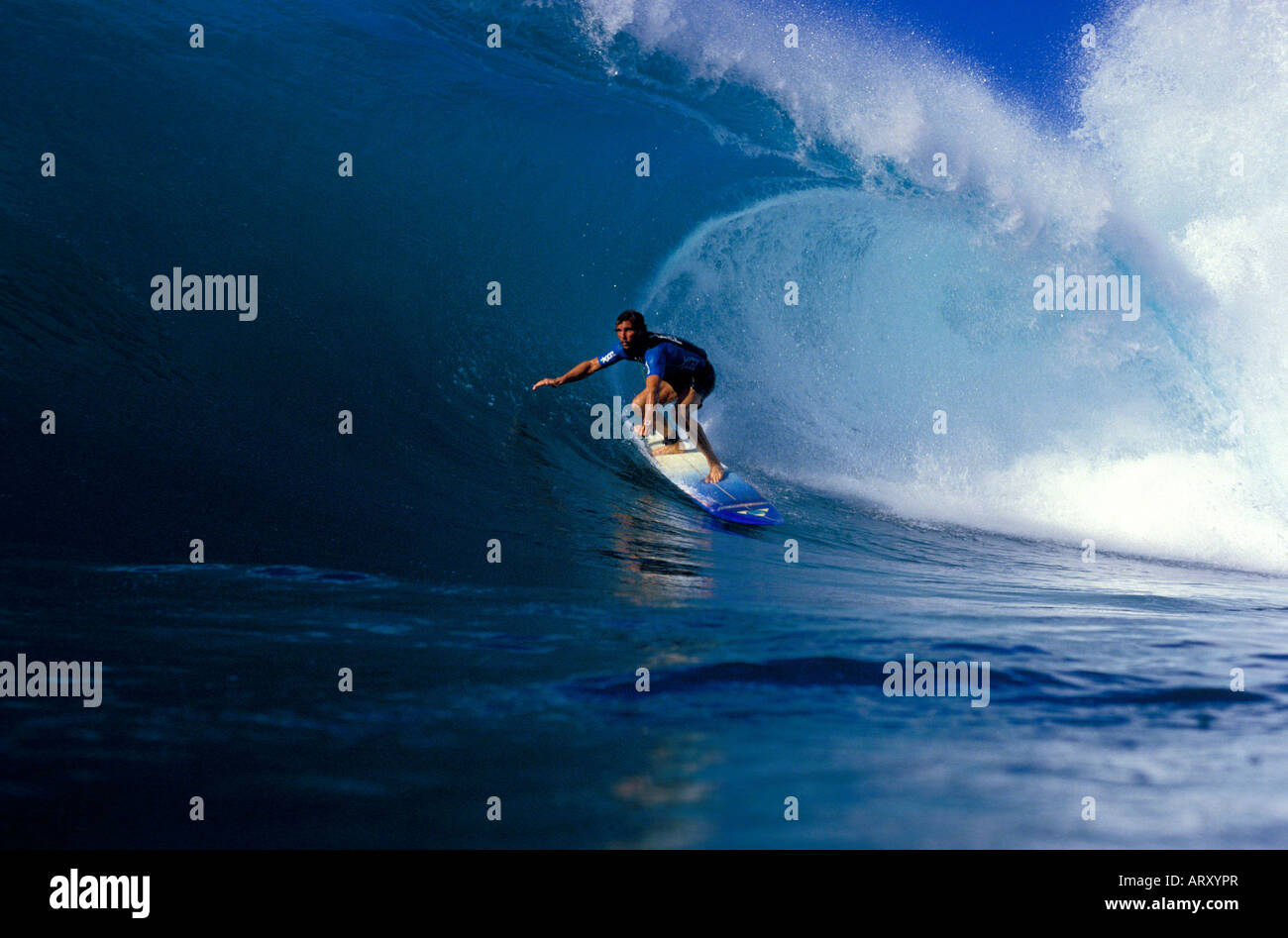 Derick Doerner surfing a large wave, X-Cel water patrol, Hawaii Stock ...