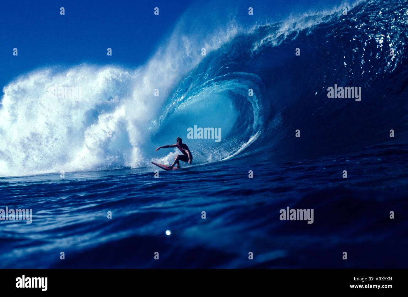 A surfer masterfully rides the "tube" at world famous Pipeline beach at ...