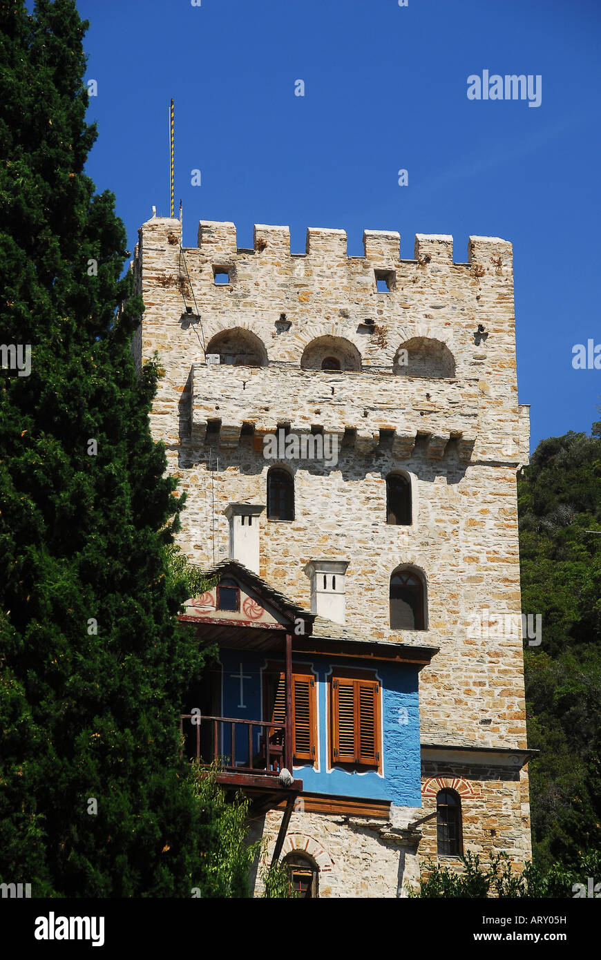 The tower at Docheiariou monastery, Mount Athos, Halkidiki, Greece ...