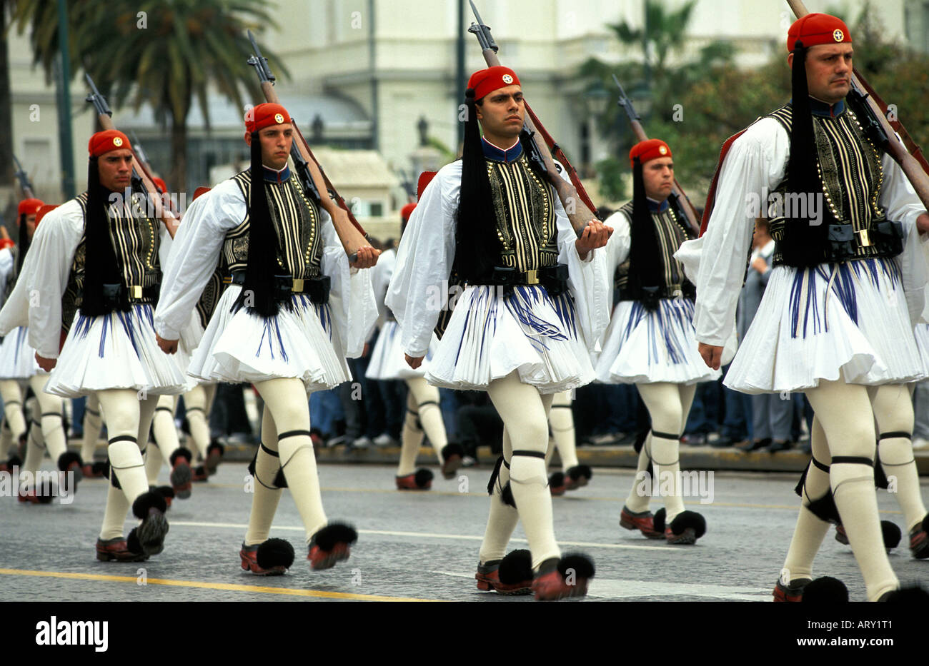 Athens Parliament Building marching of the guards evzones in kilts and ...