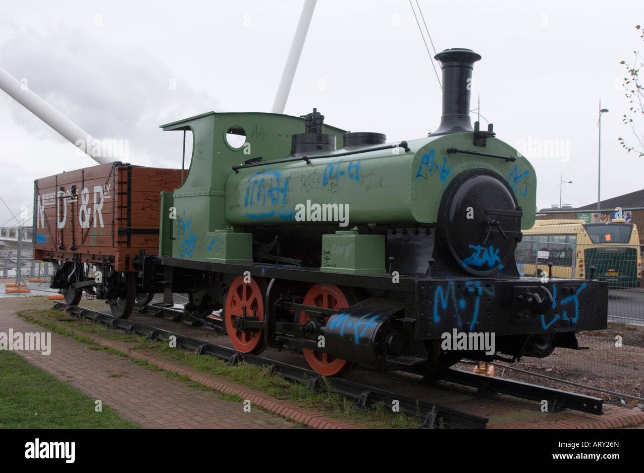 Static display of steam railway locomotive and goods truck in Newport ...