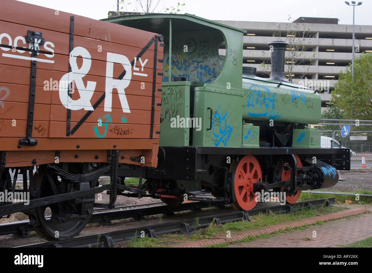 Static display of steam railway locomotive and goods truck in Newport ...