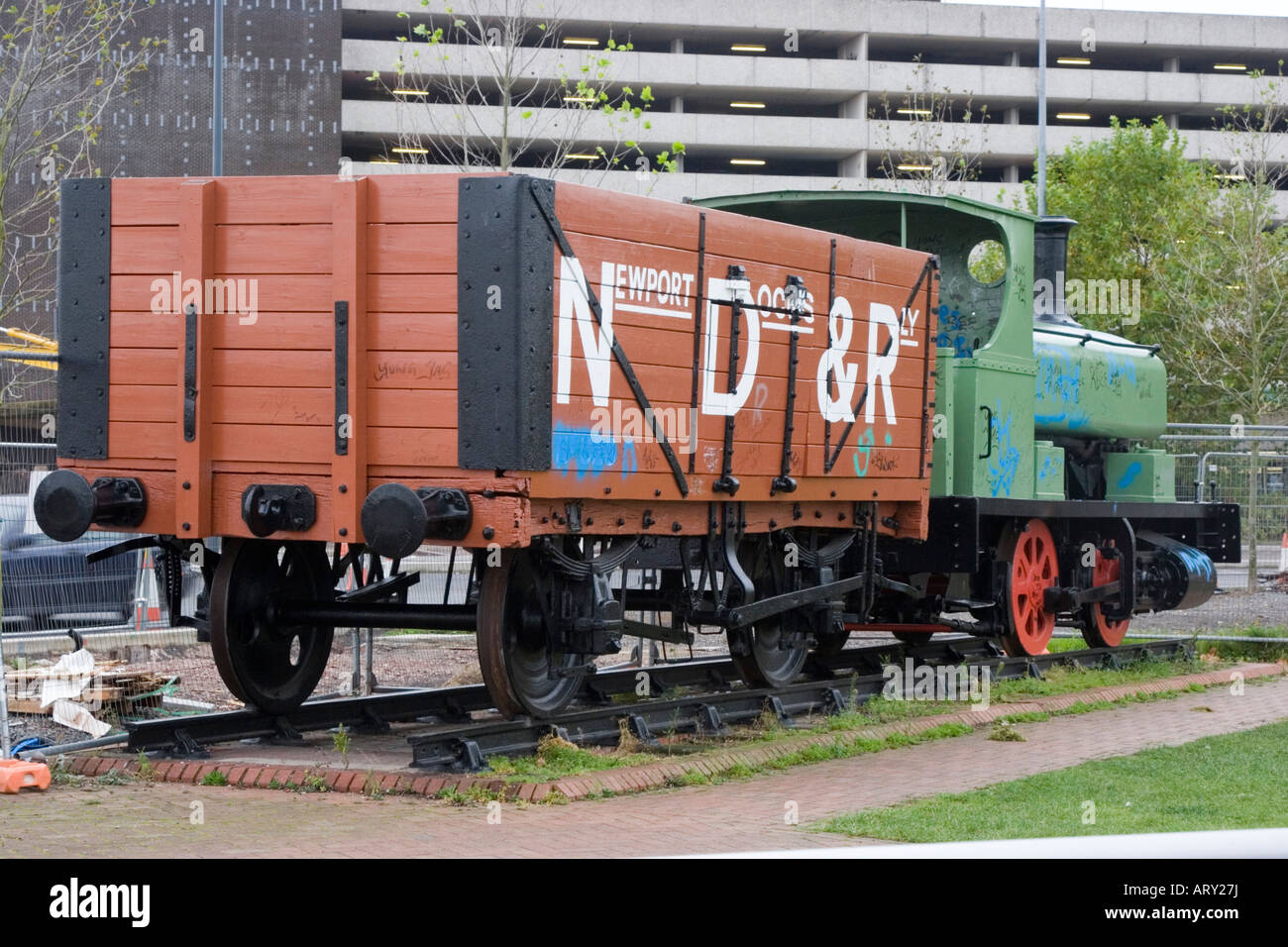 Static display of steam railway locomotive and goods truck in Newport ...