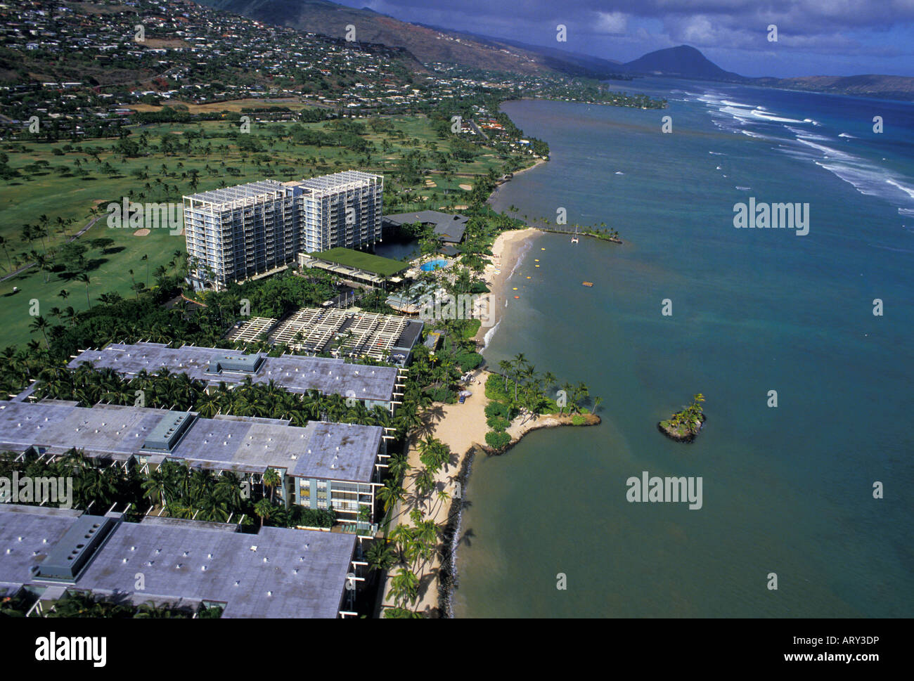 Aerial of the Kahala Mandarin Oriental hotel along the Kahala area ...