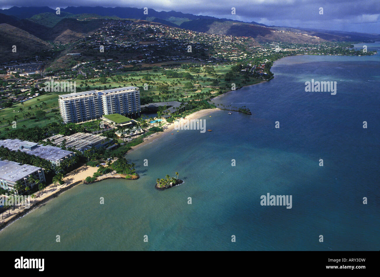Aerial of the Kahala Mandarin Oriental hotel along the Kahala area ...