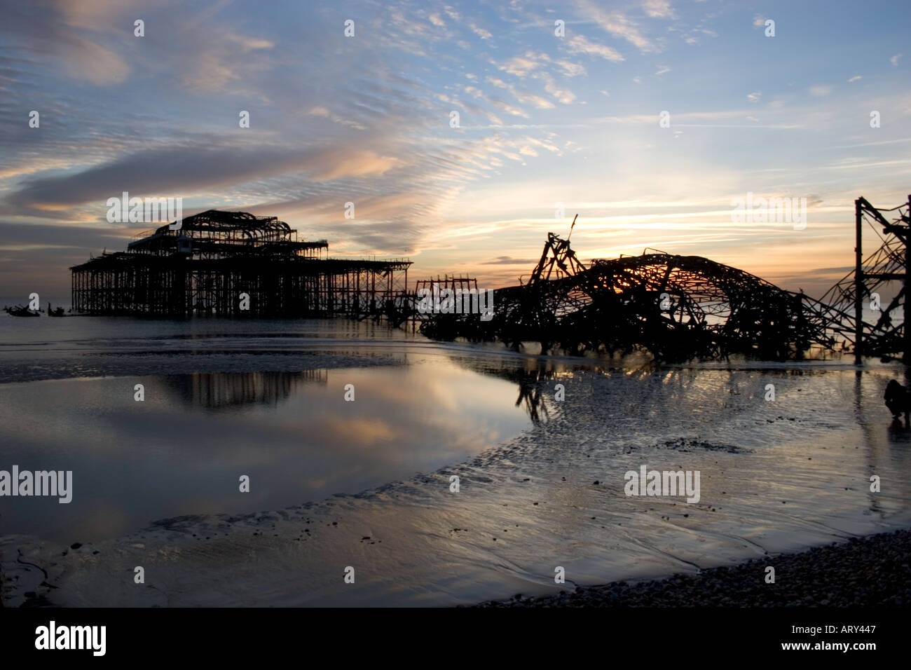 burnt out hulk of Brighton West pier with seascape Brighton, Sussex, UK ...