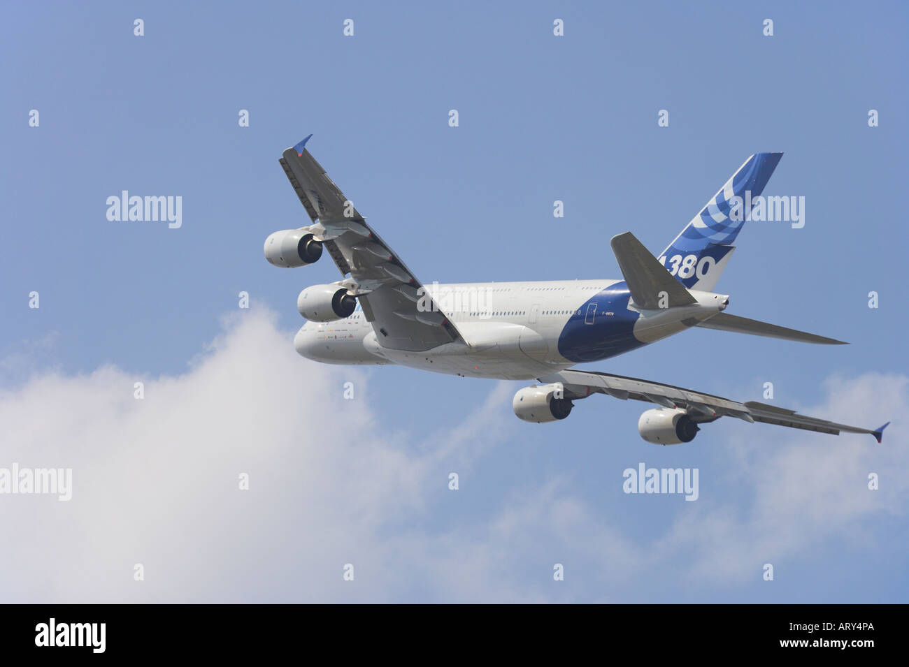 Airbus A380 climbing with flaps retracting and right rudder Stock Photo ...