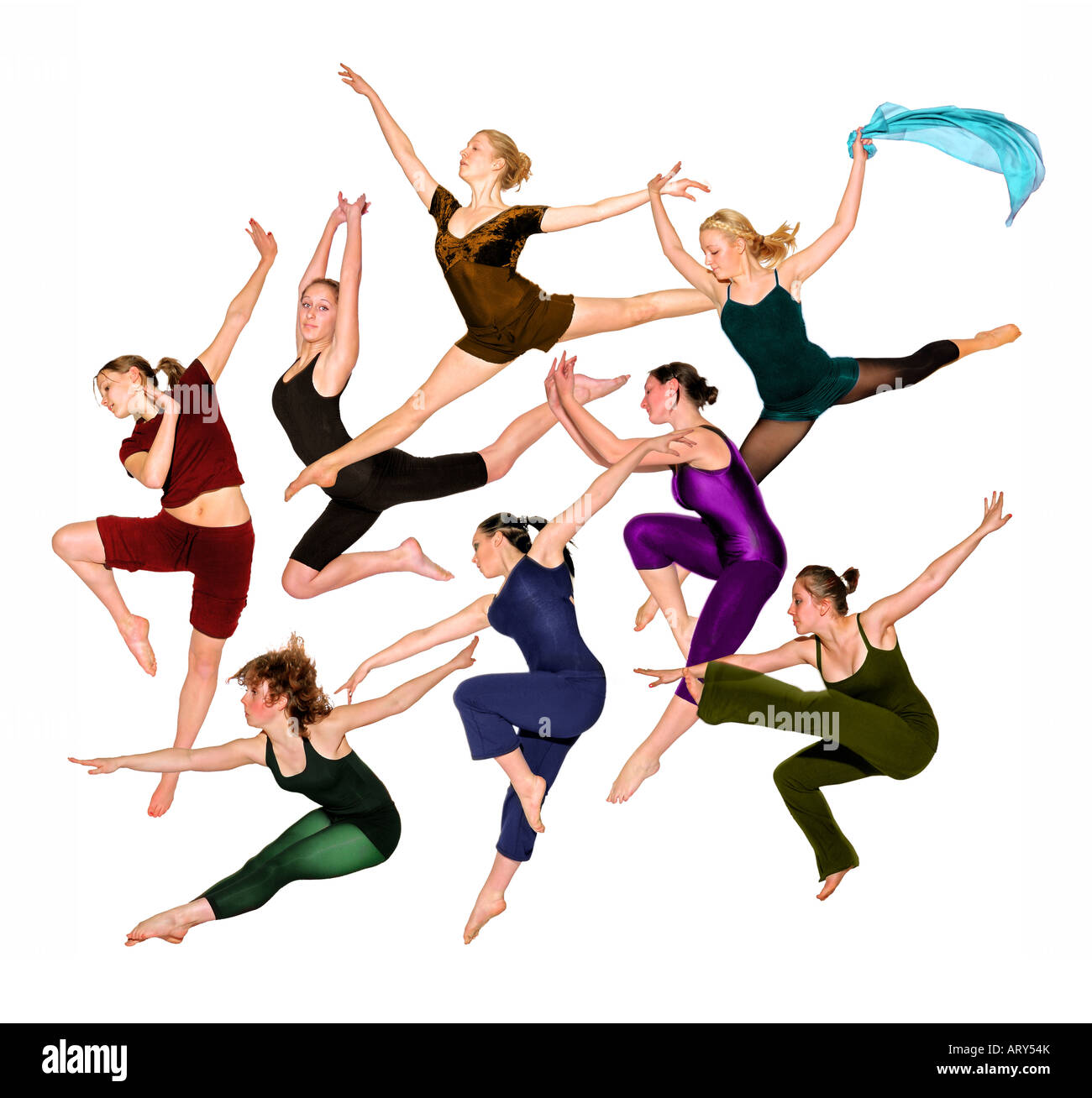 8 female dancers jumping together Stock Photo - Alamy