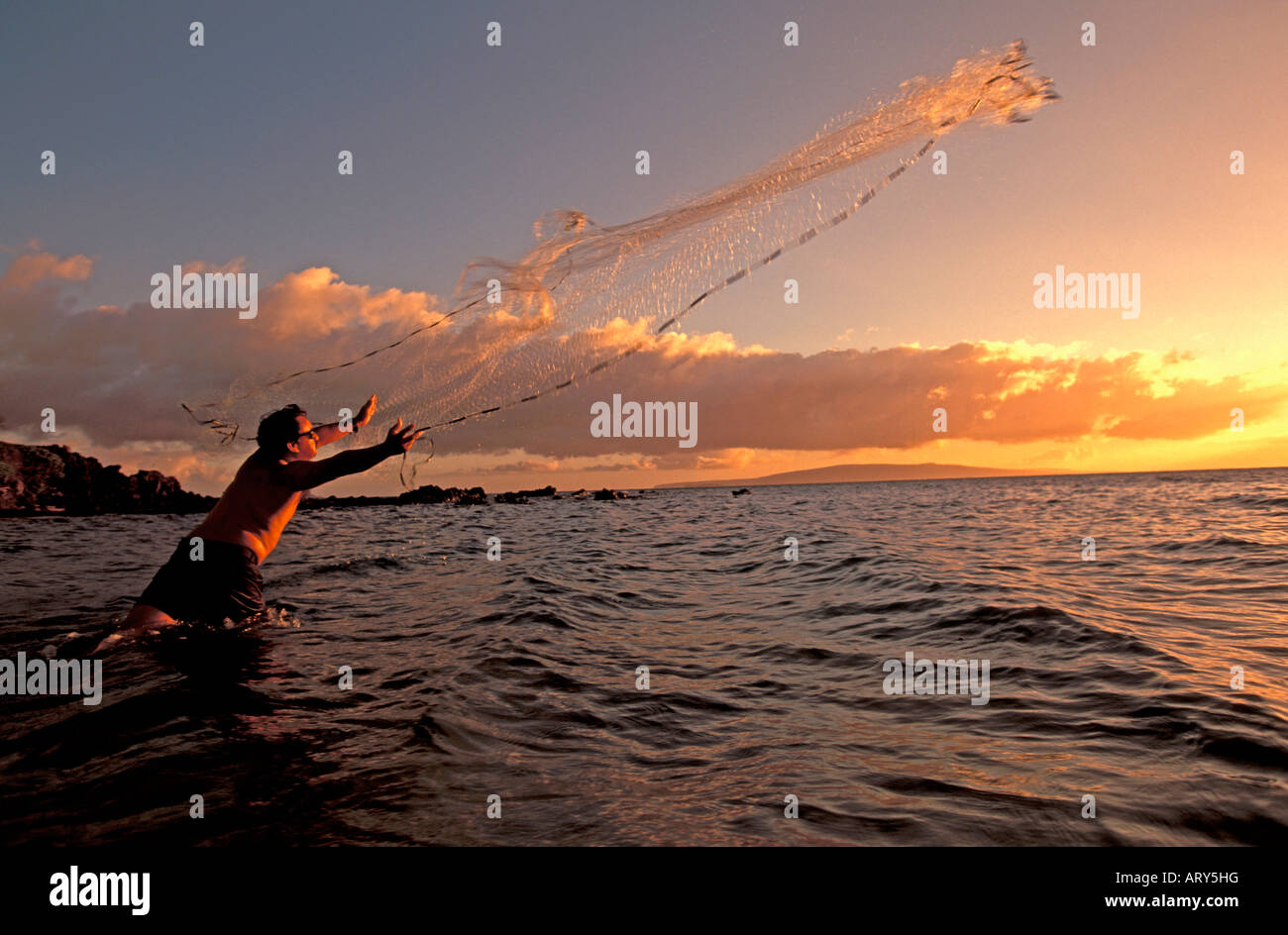 Throw net fisherman at sunset Kihei, Maui Stock Photo - Alamy