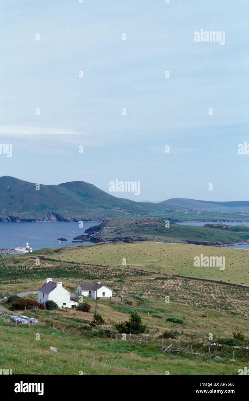 Farmland and lighthouse Valencia Island county Kerry Ireland Stock ...