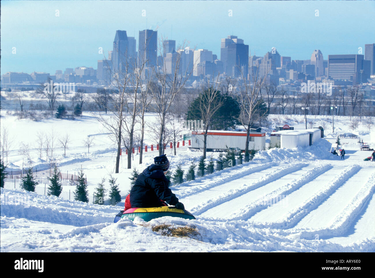 tubing at winter festival Monttreal Quebec Montreal skyline Stock Photo ...