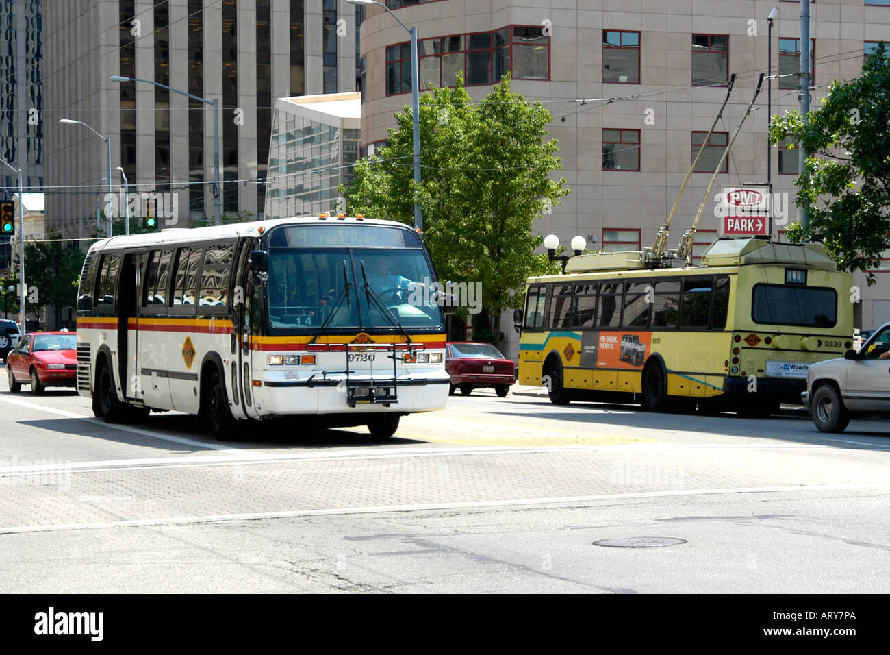 Public transport bus and trollycar in Downtown Dayton city Ohio Stock ...