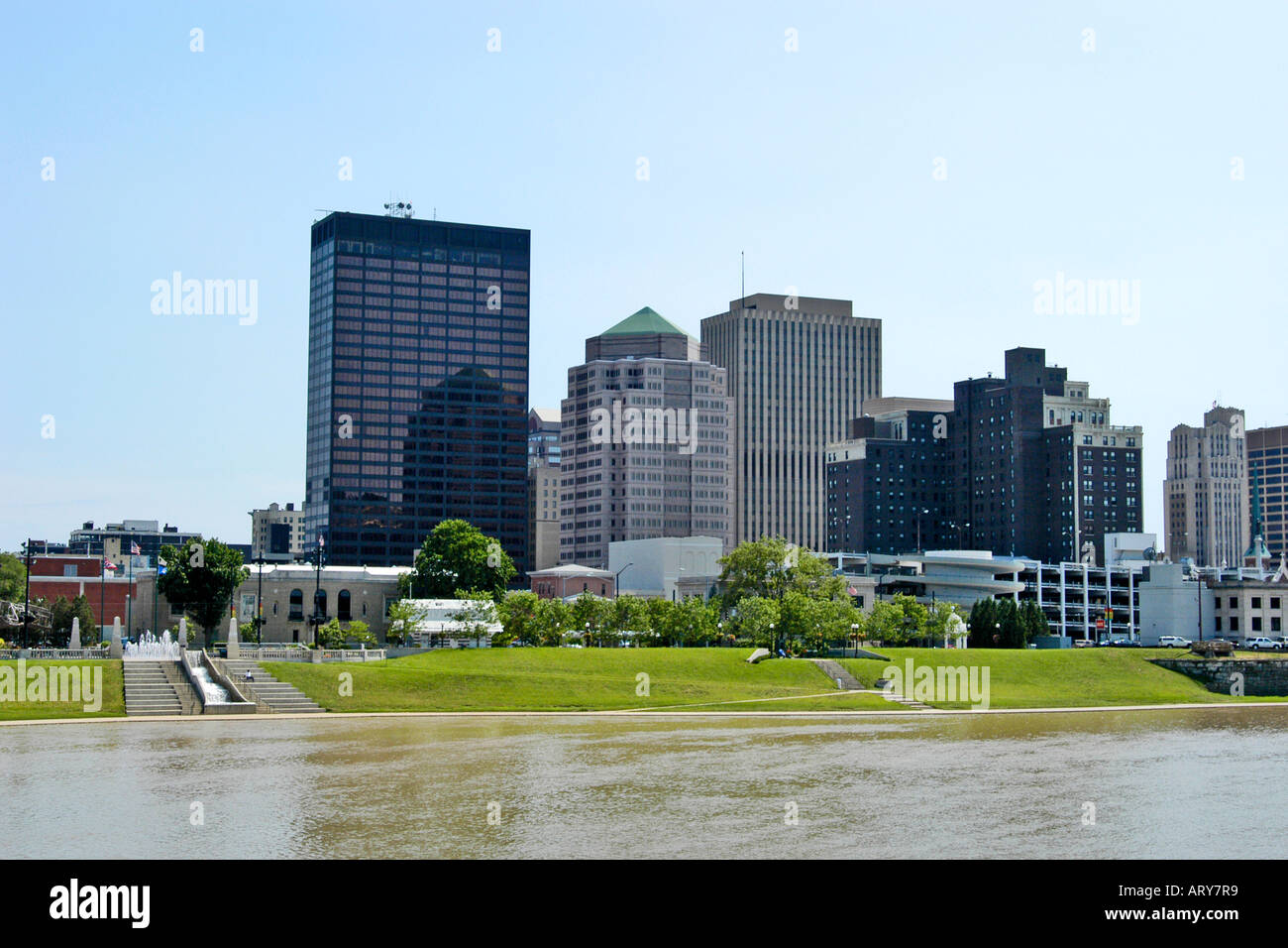 Skyscraper towers and buildings in downtown Dayton Ohio with the Great ...