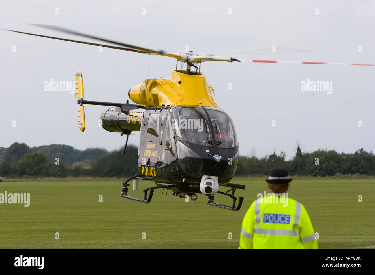 Police helicopter taking off in response to emergency call Stock Photo ...