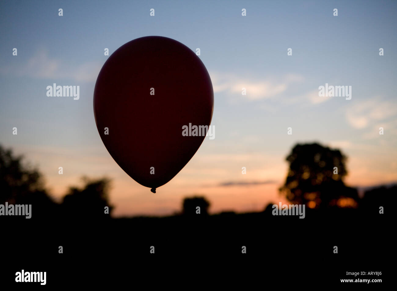 balloon floating off into the air withn the background off a sun set ...