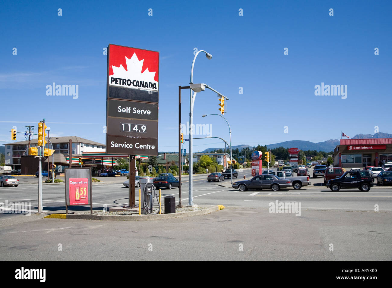 Self service petrol station sign with street interchange Port Alberni ...