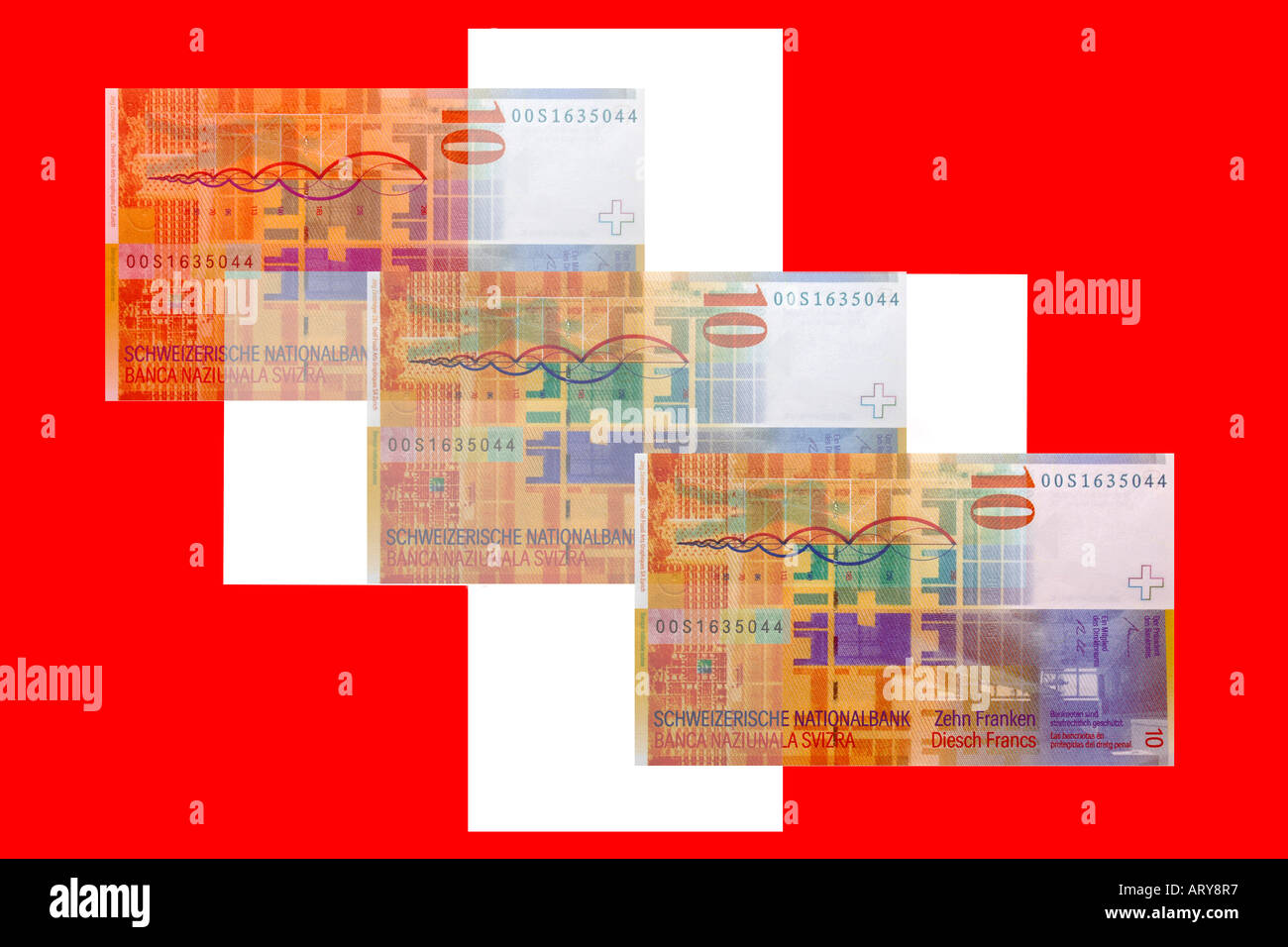 Group of Ten Swiss Franc notes set against a swiss flag background ...