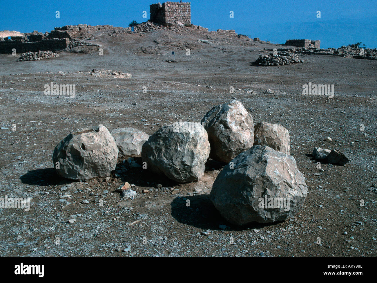 Roman catapult stones Masada fortress Judean desert Israel Stock Photo ...