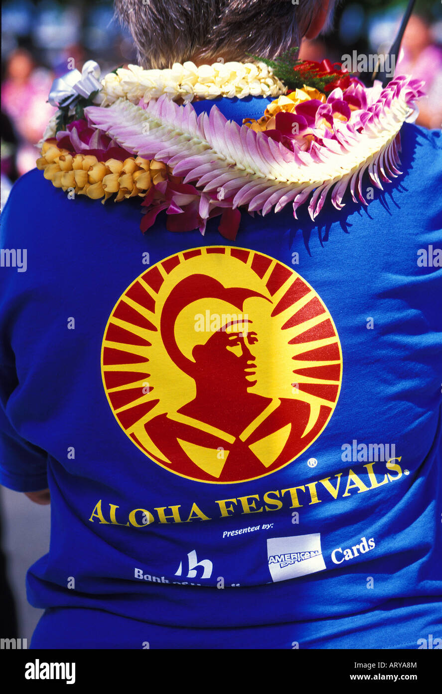 Close up of an aloha festival T-shirt at the annual aloha week parade ...