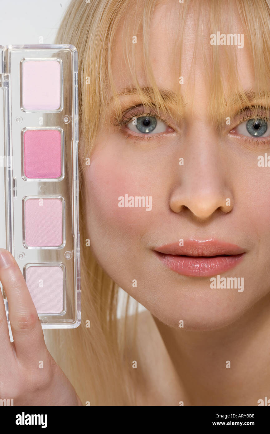 Woman s face with pink cosmetics Stock Photo - Alamy