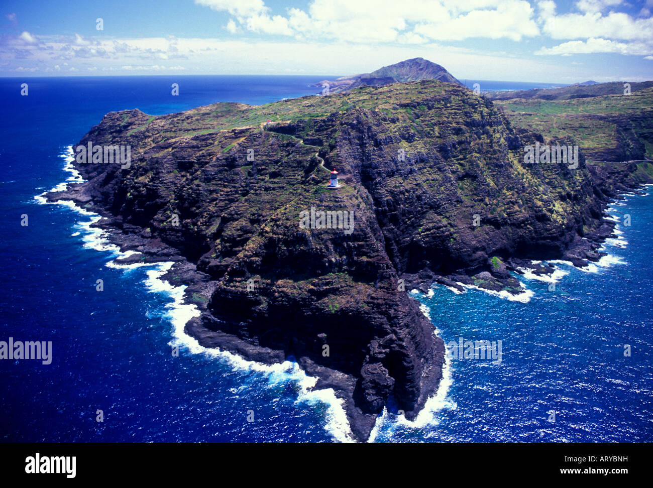 Aerial view of Makapuu point and Makapuu lighthouse. Located along ...