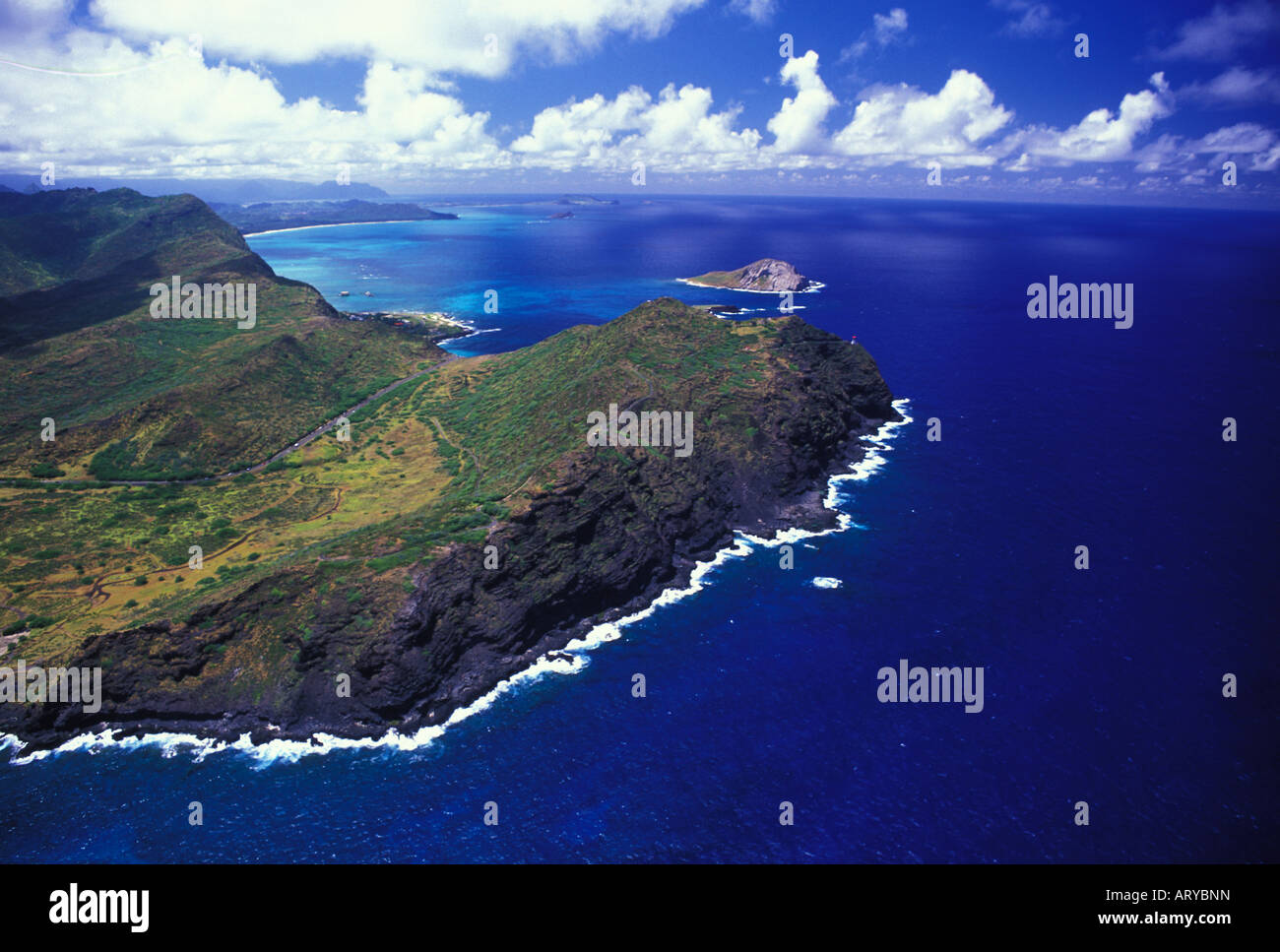 Aerial view of Makapuu point and Makapuu lighthouse. Located along ...